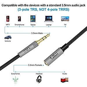 1Mii 3.5mm Headphone Extension Cable 6FT 3.5mm Male to Female Audio Cable 1/8" TRS Stereo Aux Cord for Headphones, Speakers, Phones, PC, Tablet, Car