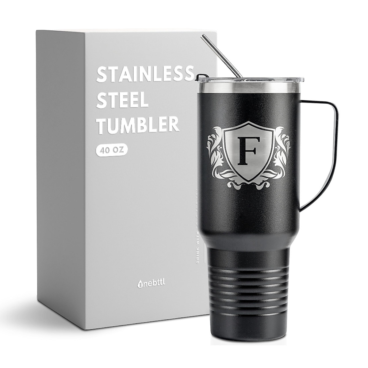 Personalized Coffee Mug with Initials, Monogrammed Travel Tumbler for Him, Custom Cups, Unique Birthday Christmas Gifts for Men Who Have Everything, 40 oz Insulated Travel Cup with Handle, F