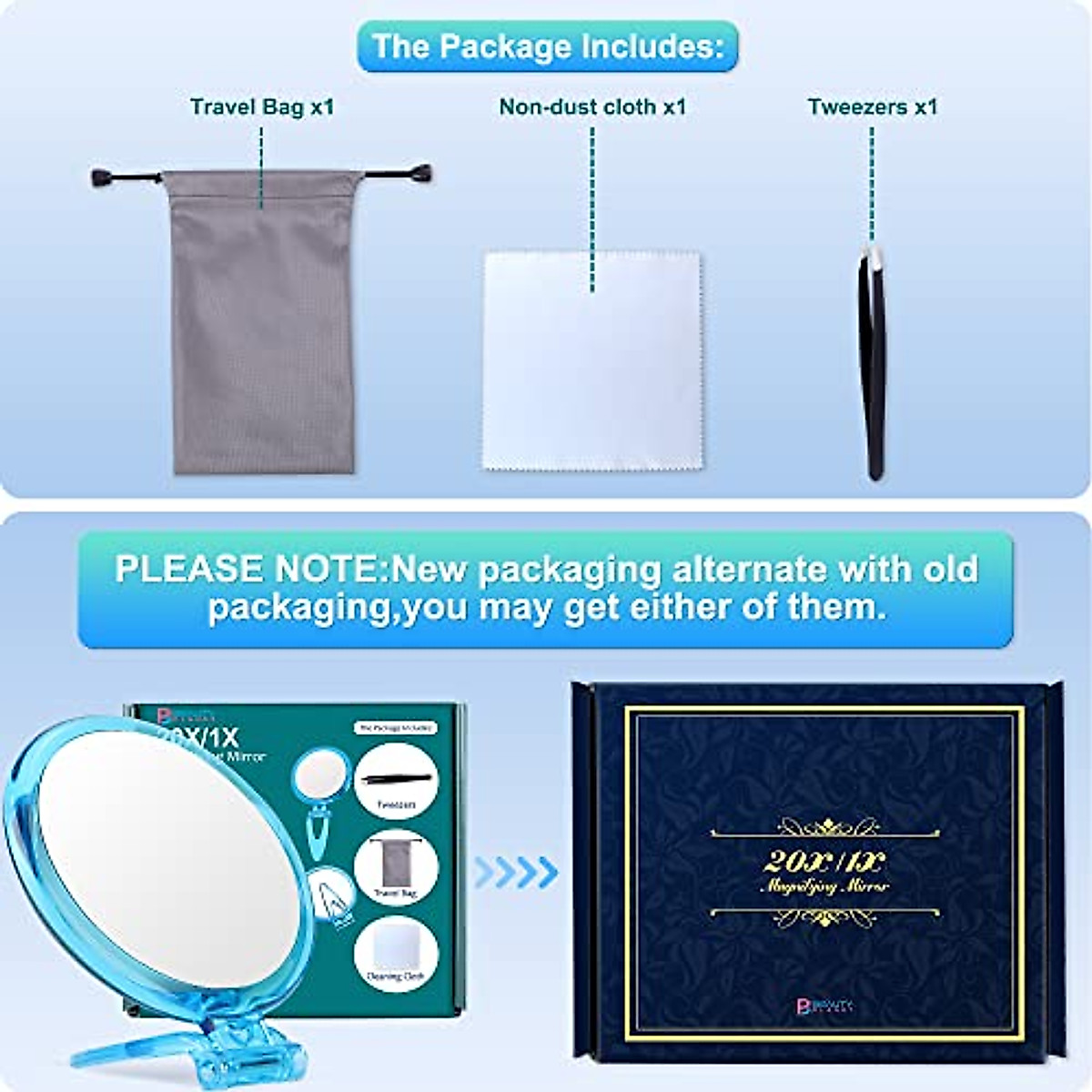 5Inch,20X Magnifying Mirror, Two Sided Mirror, 20X/1X Magnification, Folding Makeup Mirror with Handheld/Stand,Use for Makeup Application, Tweezing, and Blackhead/Blemish Removal. (Blue)