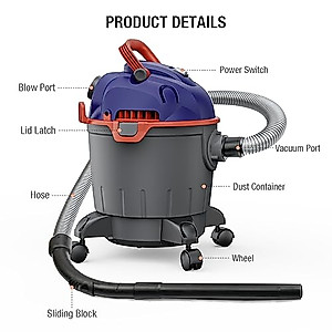 Stealth Wet/Dry Vacuum 5 Gallon, 5.5 Peak HP Shop Vacuum with Blower for Home, Garage, Car, Workshop,EMV051