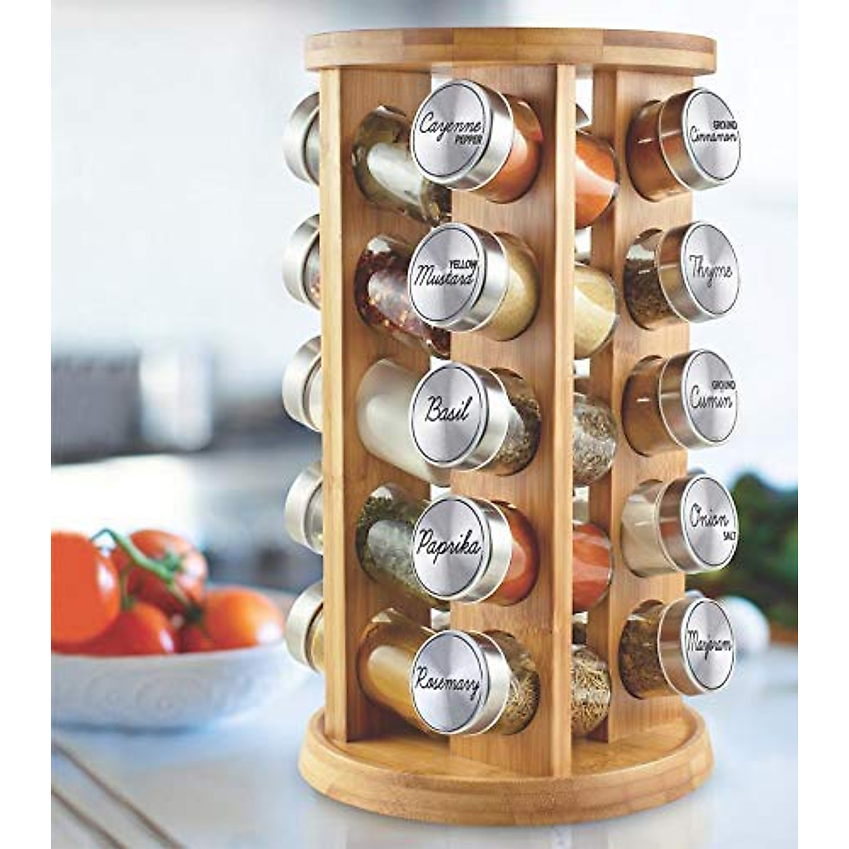Orii 20 Jar Spice Rack with Spices Included - Tower Organizer for Kitchen Spices and Seasonings, Free Spice Refills for 5 Years (Bamboo Wood)