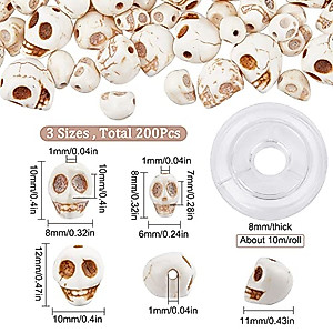 SUNNYCLUE 1 Box 200Pcs 3 Sizes Skull Beads Bulk Skeleton Head Bead Synthetic Turquoise Gemstone Halloween Beads for Jewelry Making Bead Assortment Beading Bracelet Kit White Stone Necklace Supplies