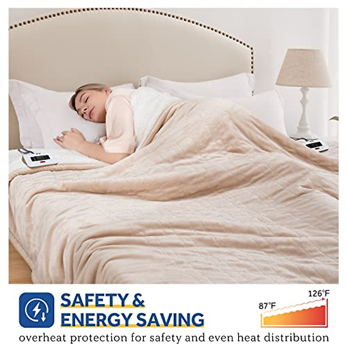 SEALY Electric Blanket Queen Size, Flannel & Sherpa Heated Blanket with 10 Heat Setting & 1-12 Hour Auto Shut Off, Fast Heating Blanket, Machine Washable, Beige, 84 x 90 Inch