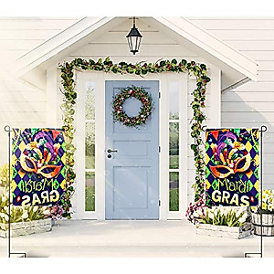 Mardi Gras Garden Flag Double Sided Holiday Decorative Garden Flag Masquerading Beads Yard Flag Fleur De Lis Party Signs Holiday Yard Outdoor Decoration for Mardi Gras(12.5 x 18 Inch)