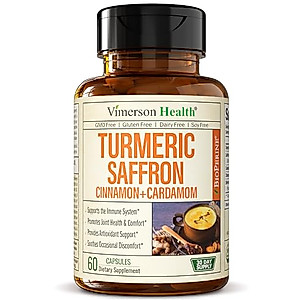 Turmeric Saffron Supplements with Cinnamon powder & Cardamom - Antioxidant Joint Support Supplement Contains Turmeric Curcumin with Black Pepper for Mood, Memory, Eye Health & Well-Being - 60 Capsules