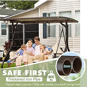 Suvivityse Outdoor Patio Adjustable Hardtop Porch Swing,3 Seat Patio Swing Bench 3-in-1 Convertible Swing Bed with Beige Cushions