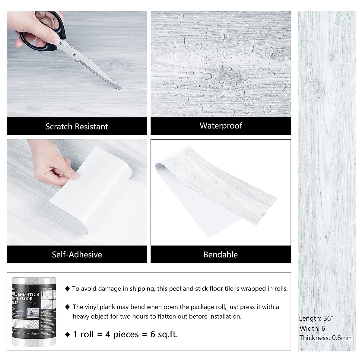 LaCheery Peel and Stick Floor Tile White Wood 6"x36" Waterproof Vinyl Plank Flooring Tiles Peel and Stick for Bedroom Bathroom Kitchen Stick On Floor Tile Self Adhesive Floor Tiles Removable 4 Tiles