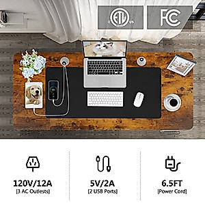 Electric Standing Desk, 55 x 24 inch Adjustable Height Stand Up Desk with 2 USB Ports & 3 Power Outlets, and 6.5 ft Power Cord, Office Desk with 27''-45'' Lifting Range, Oversized Mouse Pad, Brown