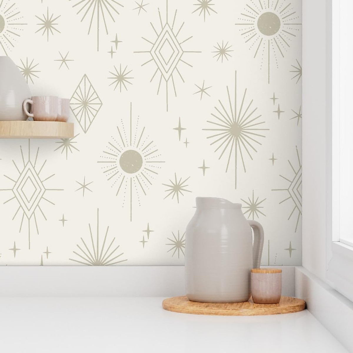 Peel & Stick Wallpaper Swatch - Beige Star Space Retro Neutral 60'S Whimsical Whimsy Magic Celestial Magical Boho Custom Removable Wallpaper by Spoonflower