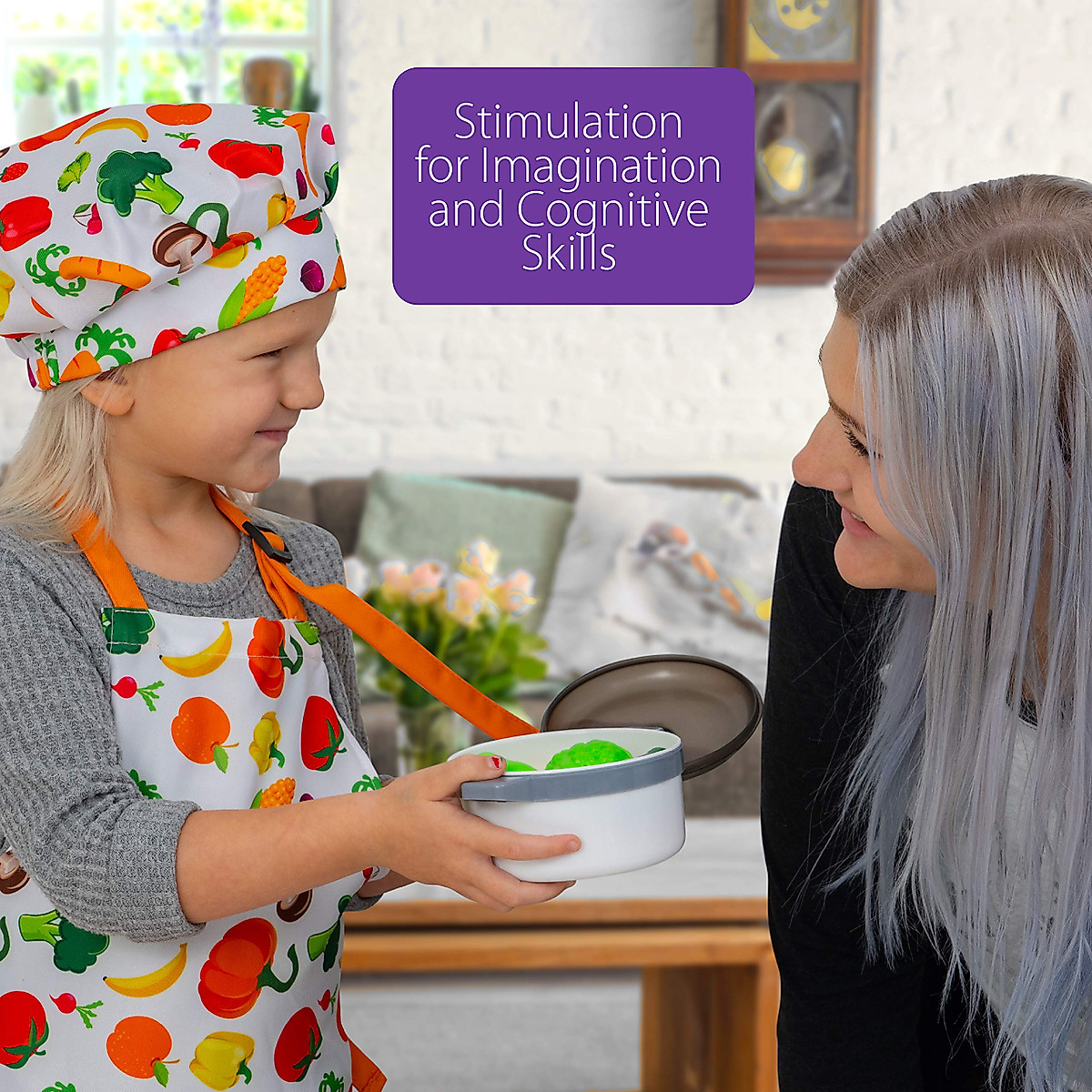 Next Milestones Kids Kitchen Playset - Cooking Toys Kit for Pretend Play - Apron, Chef's Hat, Cookware, Utensils, Pans, Pots & Vegetables Included - Suitable for Children 3 Years & Up - 30-Piece Set