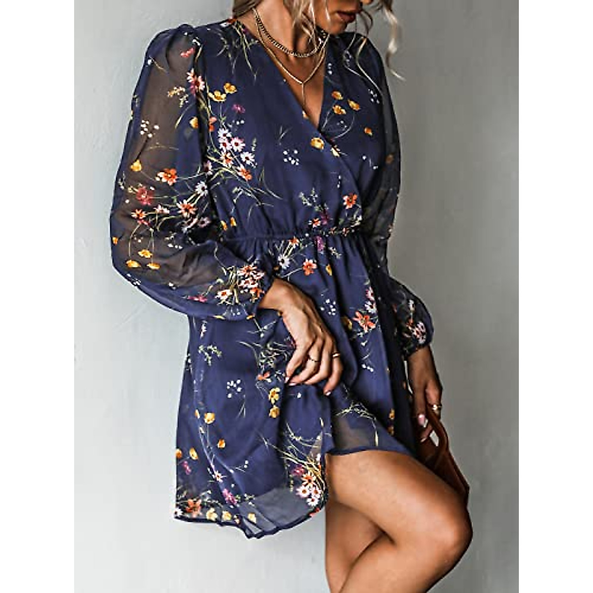 CUPSHE Women's Floral Print Chiffon A-Line Mini Dress Long Peasant Sleeves Elastic Autumn Dress,S