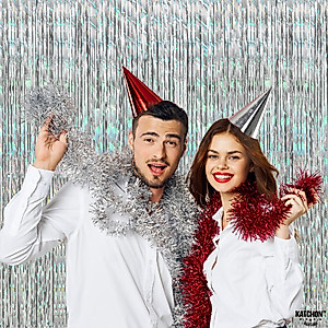 KatchOn, Holographic Silver Streamer Backdrop - XtraLarge 3.2x8 Feet, Pack of 2 | Silver Fringe Backdrop for Silver Streamers Party Decorations | Silver Tinsel Backdrop for Disco Party Decorations