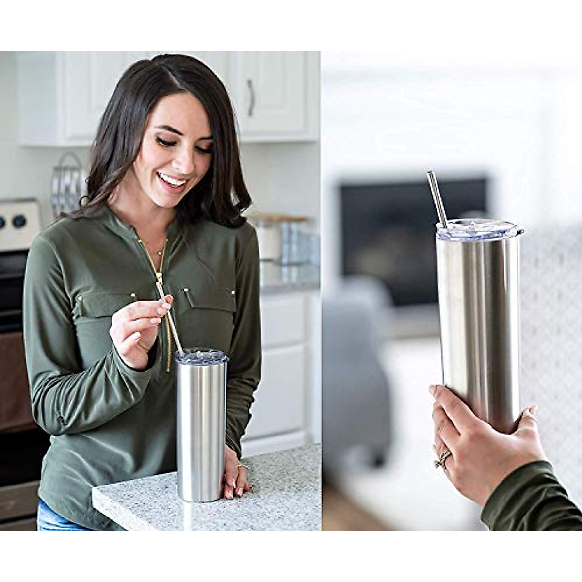 STRATA CUPS Skinny Tumblers with Lids and Straws (4 Pack) - 20 oz Double Wall Insulated Slim Stainless Steel Silver Tumblers with Straw Cleaner | Reusable Travel Mug for Hot and Cold Beverages