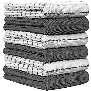 Pack of 6 Premium Bright Kitchen Towels Set - Striped Chef Weave Kitchen Hand Towels - Large, 380 GSM, Extra Absorbent - Dish Towels for Drying Dishes - Cotton Tea Towels - Kitchen Hand Towels - Grey