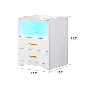 HNEBC Night Stand with Charging Station,LED Nightstand with Body Sensor Function, Smart Nightstand has RGB Lights Mode,Bedside Table with Drawers,Side Table for Bedroom/Living Room (White)