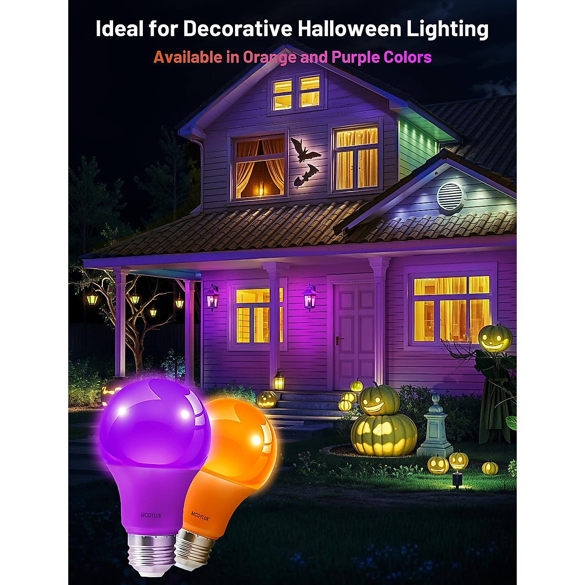 MCDYLUK LED A19 Purple Light Bulbs, 9W (60W Equivalent), E26 Base LED Purple Bulb, Non-Dimmable, Halloween Decoration, Party Decoration, Porch, Front Door, Home Lighting, Holiday Lighting, Pack of 3