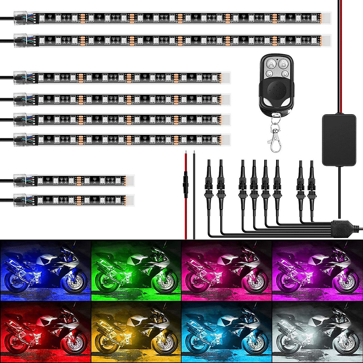 Nilight 8PCS Motorcycle RGB Led Light Kit Waterproof Multi-Color Atmosphere Lights Lamp with 4Key RF Wireless Remote for Harley Davidson Honda Kawasaki Suzuki, 2 Years Warranty (TL-42)