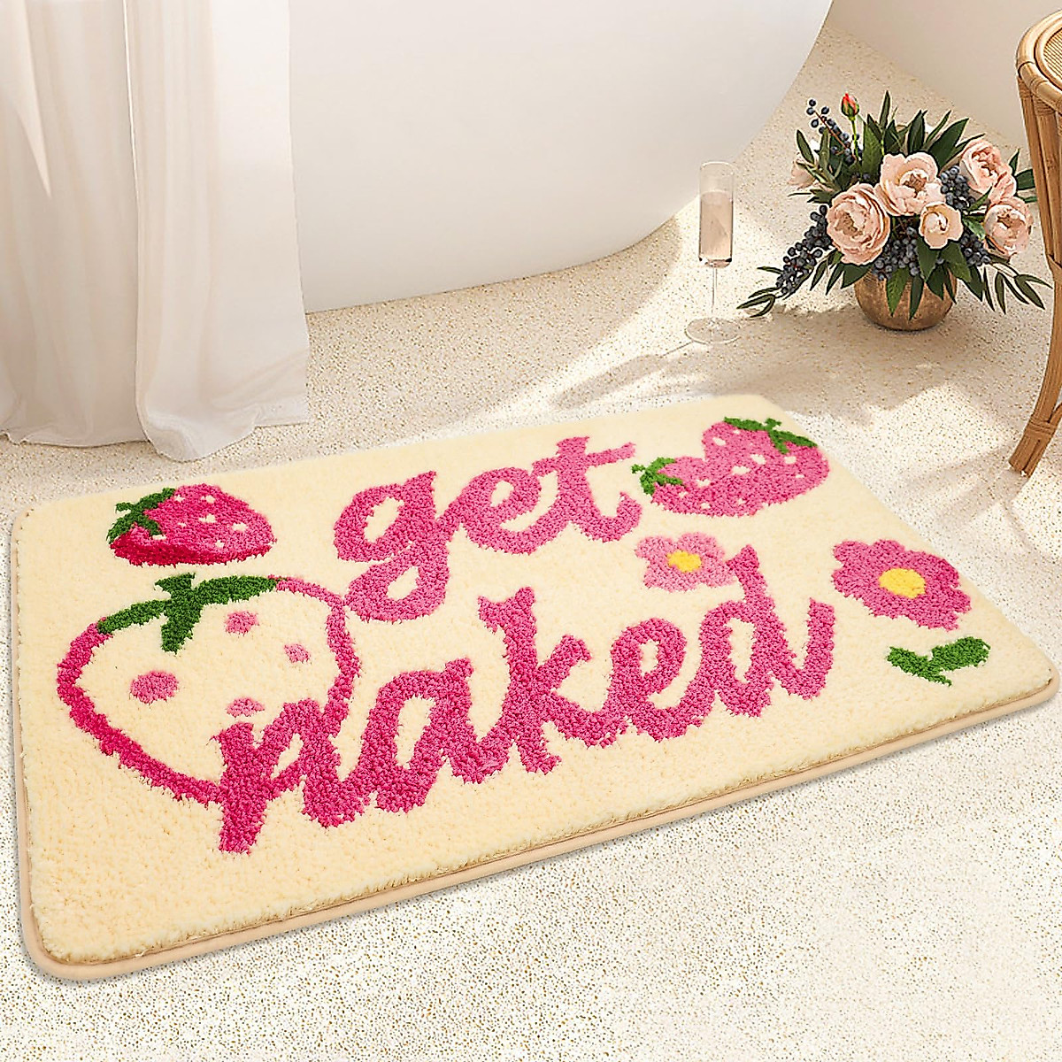 Enhopty Get Naked Bath Mat Strawberry Flower Bathroom Rugs Fun Cute Door Mat Non Slip Microfiber Absorbent Shower Rugs for Home Tub Bedroom…