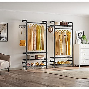 Timate F1 Pipe Clothes Rack Wall Mount Heavy Duty Closet Organizer System Hanging Closet Rack for Clothes, Closet Kit Walk in Closet Systems, Adjustable Storage Closet Shelves Wardrobe Closet, Black