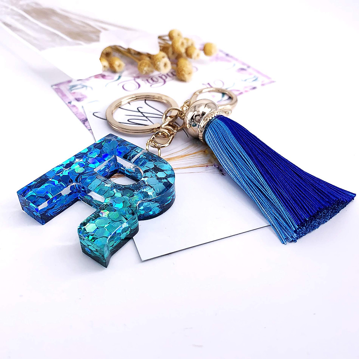 SELOVO Blue Big Tassel Bag Keyring Letter Alphabet R Charm Keychain