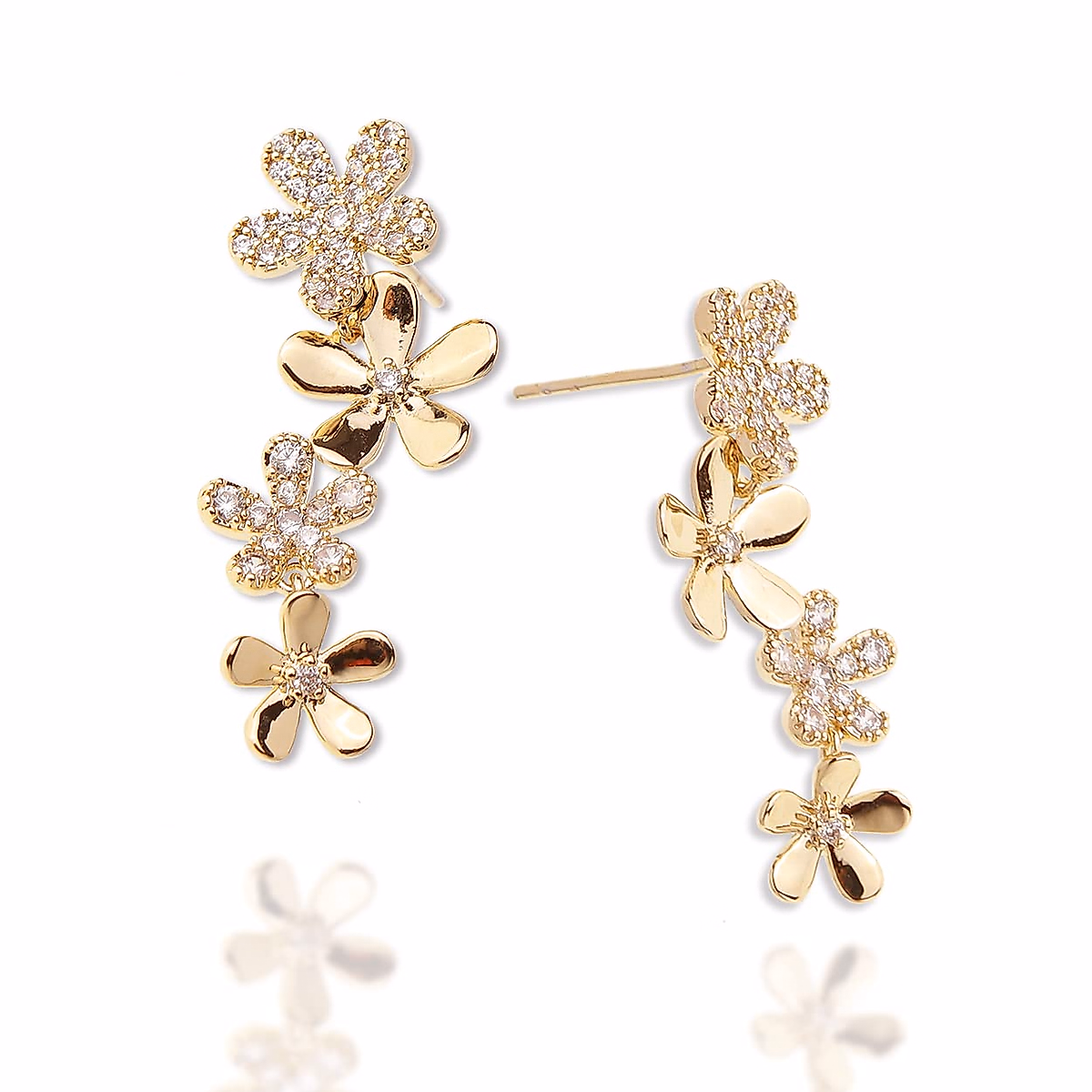 Sonateomber Small Flower Drop Dangle Earrings for Women, Cute Sparkly Rhinestone Zirconia CZ Gold Cascading Daisy Floral Earrings Piercing Hypoallergenic Stud Fashion Jewelry Gift