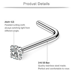 Ruifan 20PCS 20G 316L Surgical Steel Top Ball Opal CZ Heart Curved Nose Stud Ring L Shaped Piercing Jewelry