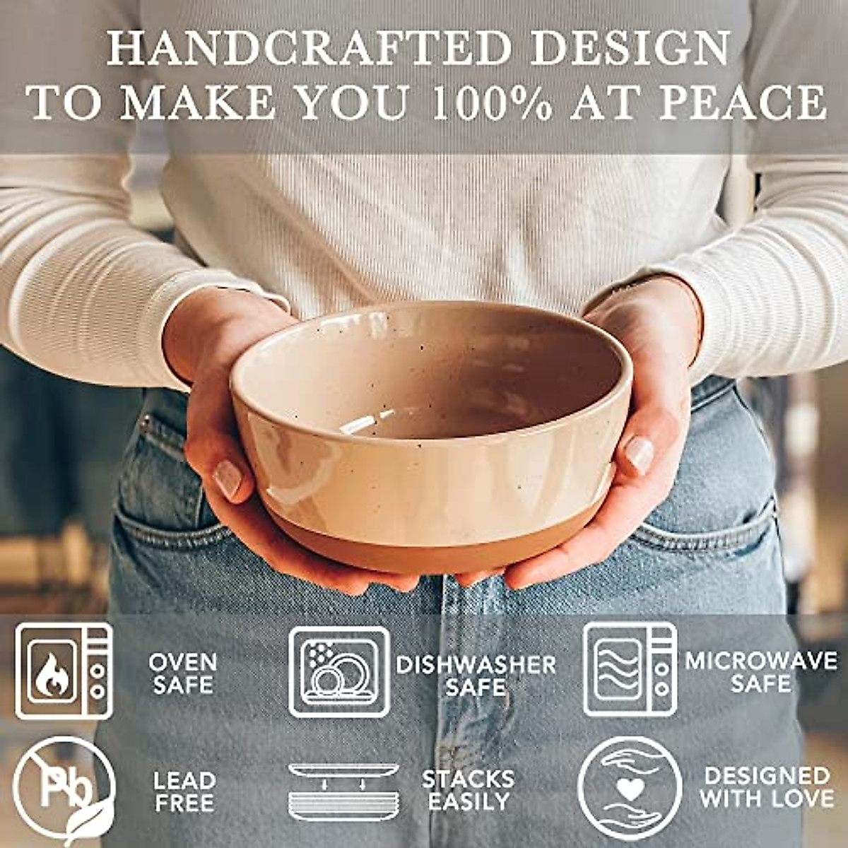 Mora Ceramic Flat Bowls Set of 4-25 oz- For Soup, Salad, Rice, Cereal, Breakfast, Dinner, Serving, Oatmeal, etc - Microwave, Dishwasher and Oven Safe Porcelain Bowl for Eating and Kitchen - Neutrals