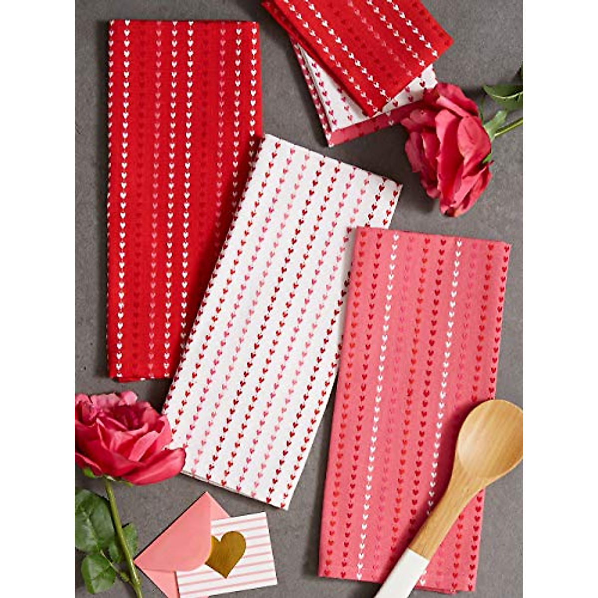 DII Valentine's Day Collection Kitchen, Dishtowel/Dishcloth Set, Hearts Dobby Stripe, 6 Piece