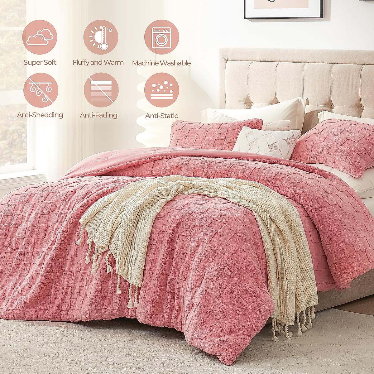 Cozy Bliss Fluffy Queen Size Comforter Set, Farmhouse Jacquard Checkered Sherpa Bed Set, Ultra Soft Thick Bedding Set for Winter, 3 Pieces, 1 Fuzzy Comforter & 2 Pillow Shams, Hot Pink