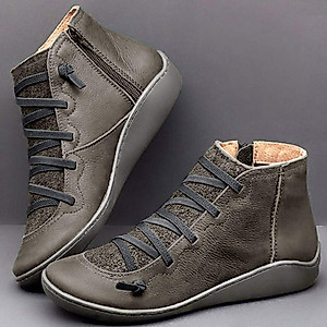 Toxz Women's Fashion Leather Lace-up Boots Casual Side Zipper Round Toe Arch Support Ankle Boots Comfy Flat Shoes Grey