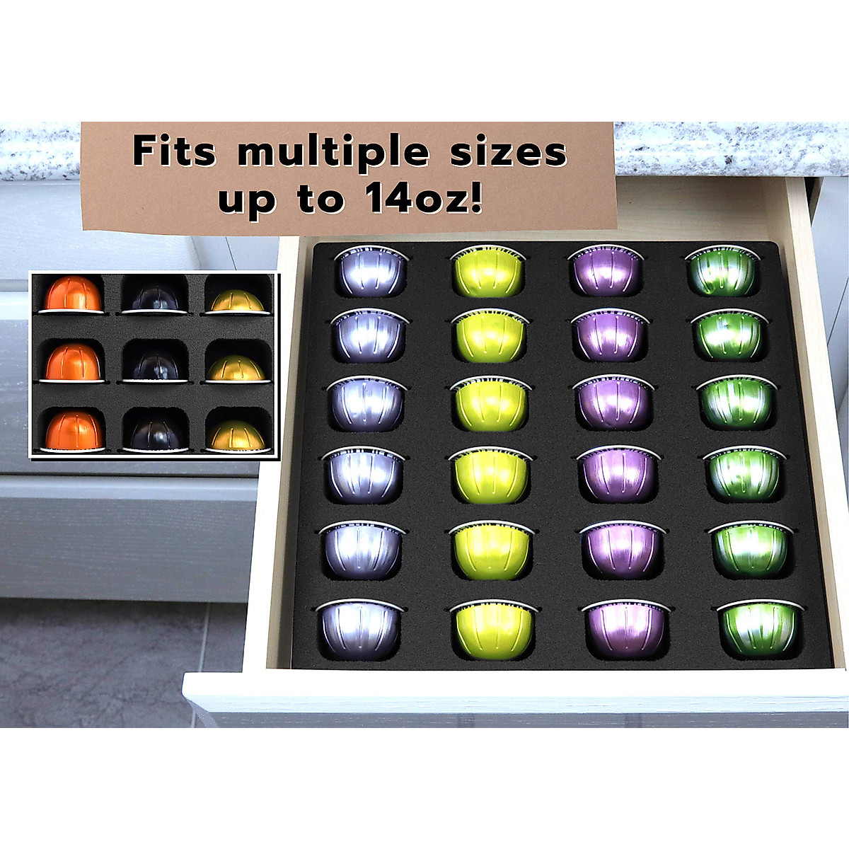 Polar Whale 2 Coffee Espresso Capsule Drawer Organizer Tray Inserts Compatible with Nespresso Vertuo VertuoLine Kitchen Home Office Waterproof Washable Black Foam 24 Compartment 12.5 x 12.5 Inches