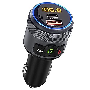 LENCENT Car FM Transmitter, Wireless Bluetooth 5.1 Radio Adapter Car Kit with Big Button, Type C PD 20W and QC3.0 18W Car Fast Charger, Bass Lossless Hi-Fi Sound Music Streaming, Wireless Call