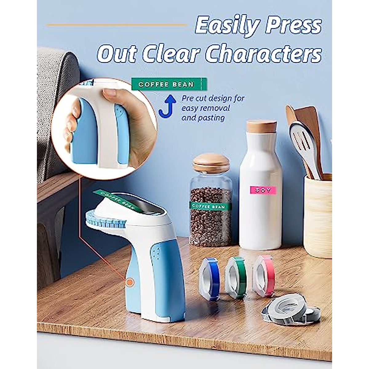 Memoqueen Embossing Label Maker Machine with 3 Tapes，Portable 3D Embosser, Handheld Mini Embossed Label Printer with 3 Label Maker Tape for Small Business Office Home and DIY Crafting-E975 Blue