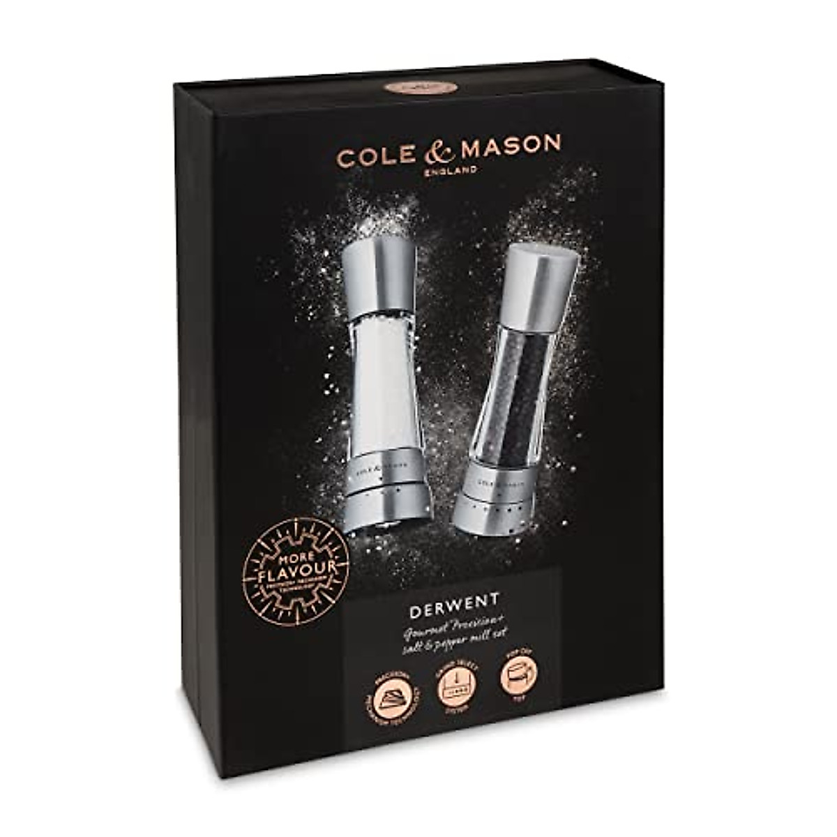 Cole & Mason H59408G Derwent Salt and Pepper Mills | Gourmet Precision+ | Stainless Steel/Acrylic | 190mm | Gift Set | Includes 2 x Salt and Pepper Grinders | Lifetime Mechanism Guarantee