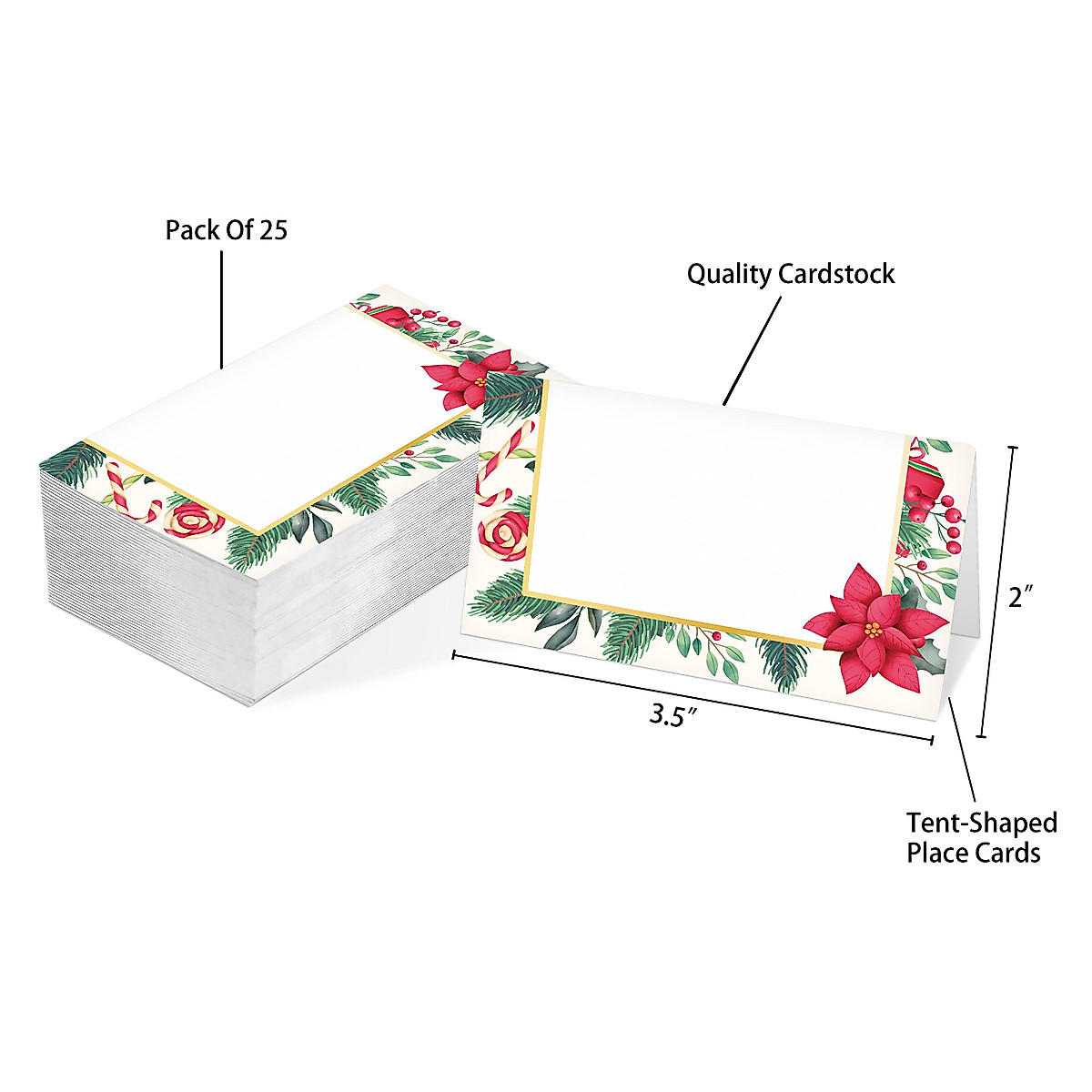 Table Place Card, Christmas Themed Tent Style Cards, Pack of 25 Half-Fold Reception Place Card, Perfect for Christmas Party, Birthday, Wedding, Bridal Shower, Baby Shower, Banquet C21