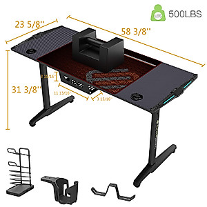 DESIGNA 55 Inch Gaming Desk with Led Lights, RGB Large Gaming Computer Desk with Free Mouse Pad,PC Gaming Table Gamer Desk Workstation with USB Handle Rack, Cup Holder,Headphone Hook, Black