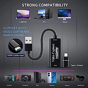 Video Capture Cards, 4K HDMI to USB Video Capture Device, 1080P HD Broadcast Live and Record Video Audio Grabber for Gaming, Streaming, Teaching, Video Conference (Black)