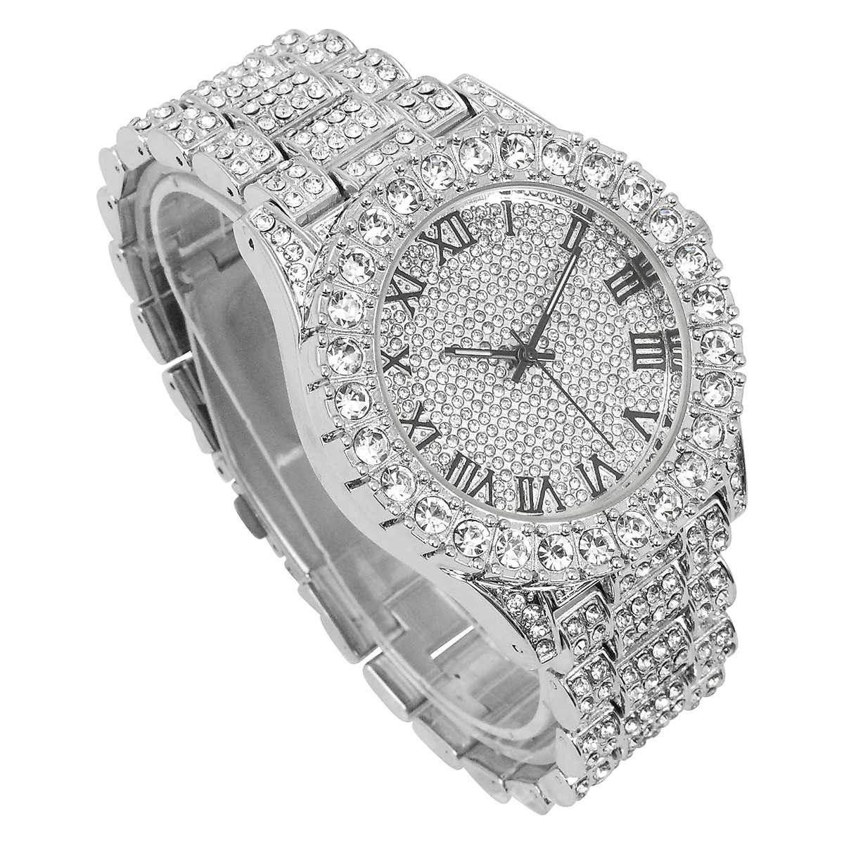 Bling-ed Out It's Lit! Hip Hop Watch & Jewerly Set w/Cuban Chain Bracelet, Kite Bling Earrings & Ring - GJM13 (9, ST10327RN SLV BLK R#)