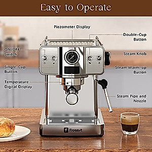 Frossvt Espresso Machine, 20 Bar Espresso Maker with Milk Frother Steam Wand for Latte and Cappuccino, Stainless Steel Coffee machines with 1.8L/60oz Water Tank for home, Sliver Coffee maker