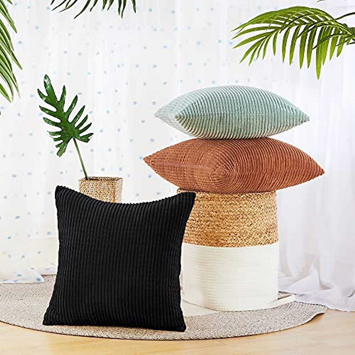 Deconovo Corduroy Throw Pillow Covers, Soft & Decorative Cushion Covers, Machine Washable, Set of 2 for Sofa, Couch, Bedroom & Living Room, Black, 20x20 Inch