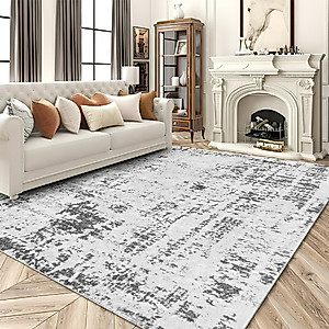 RYB HOME Washable Living Room Rug, 5x8 Area Rug for Bedroom, Ultra Soft Faux Wool Non Slip Modern Abstract Farmhouse Floor Carpet for Dining Home Office Nursery Playroom, 5x8 ft, Grey