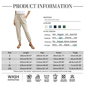 Puimentiua Womens Tapered Pants Cotton Linen Drawstring Back Elastic Waist Pants Casual Trousers with Pockets Khaki