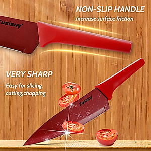 Zusisuy Red Professional Kitchen Knife Chef Set, Kitchen Knife Set Stainless Steel, Kitchen Knife Set Dishwasher Safe with Sheathes