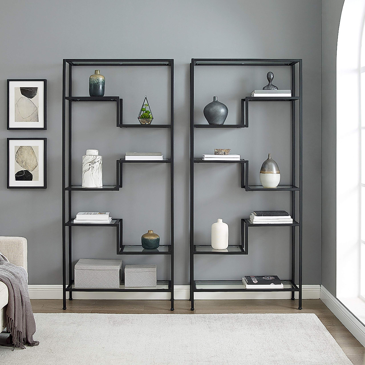 Crosley Furniture Sloane 2-Piece Bookshelf Set with Glass Shelves, Bookcase Storage, Matte Black