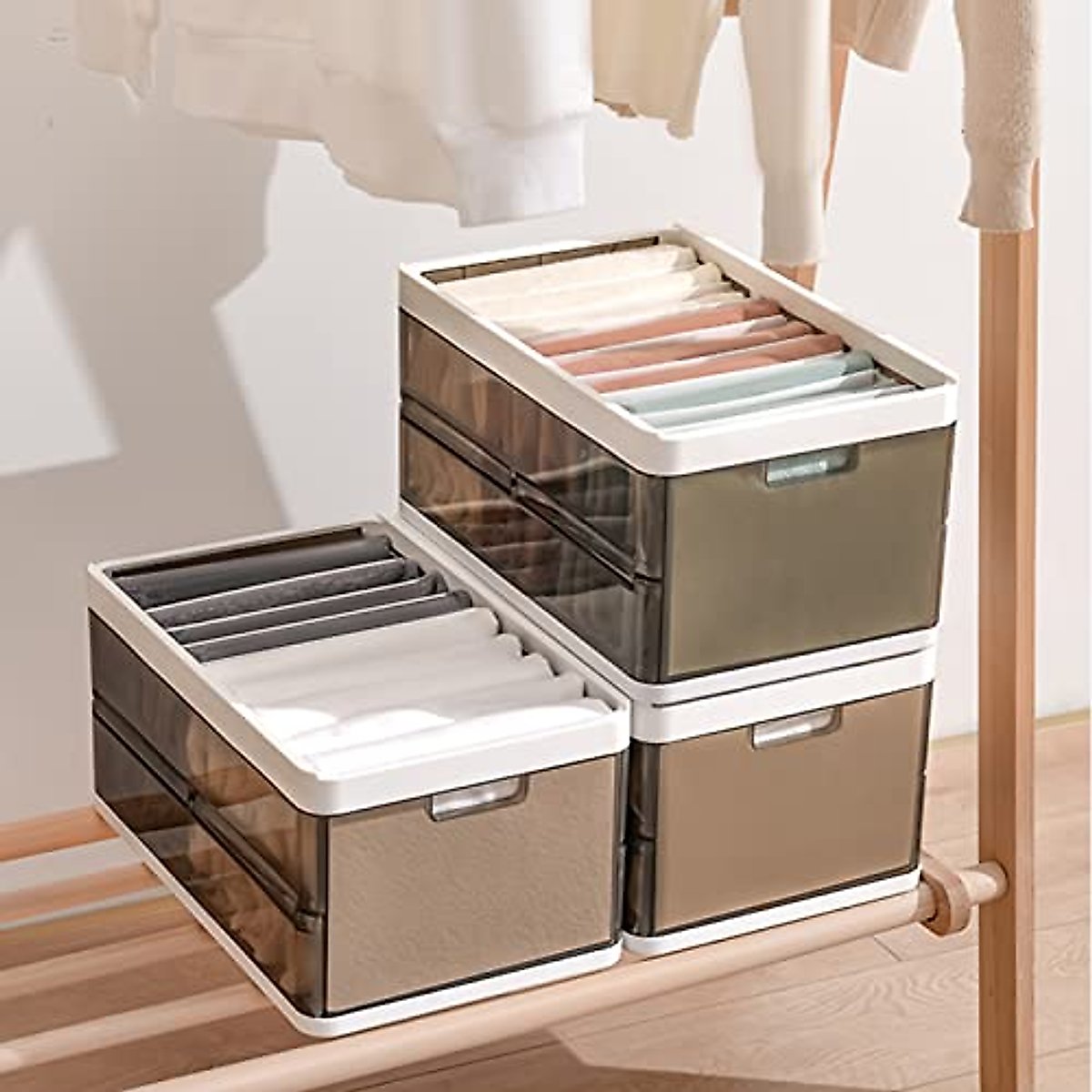 CINPIUK Stackable Storage Bins with Lids, Clear Drawer Organizers for Clothing, Collapsible Storage Bins Closet Drawers for Clothes, Toys, w/ Removable Grids, 3Pcs
