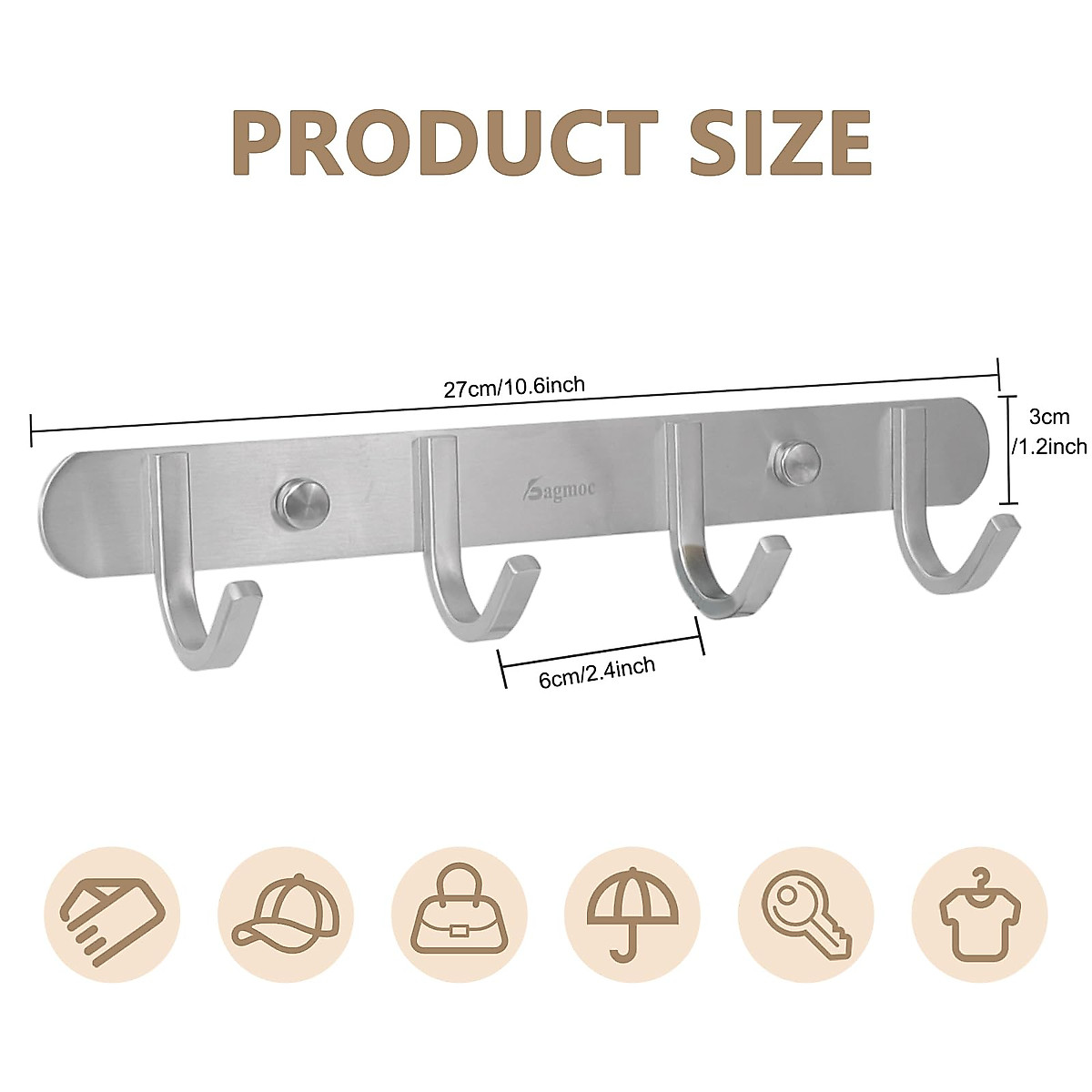 Sagmoc Coat Hook Rack Brushed Nickel 10.6-Inch Coat&Towel Hook Rail Wall Mounted with 4 Hooks, Durable Wall Hangers for Bedroom, Bathroom, Foyer, Hallway (SUS304 Stainless Steel)