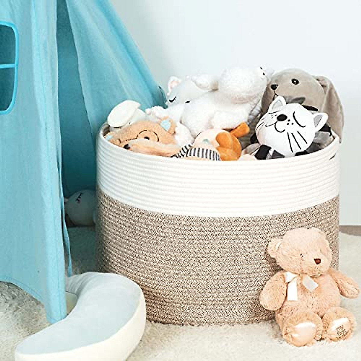 MINTWOOD Design Extra Large 22 x14 Inches Decorative Woven Cotton Rope Basket, Laundry Basket, Blanket Basket, Baby and Dog Toy Storage Baskets Bin, Kid Laundry Hamper, Towel Basket, Light Brown