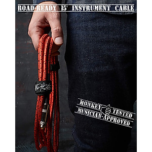 Mophead 15-Foot Guitar Instrument Cable - 1/4 Inch TS to 1/4 Inch TS Right Angle Pro Grade Double Insulated Tweed Braided for Electric Guitar, Bass, Amp, Keyboard (Red with Black Stripe)