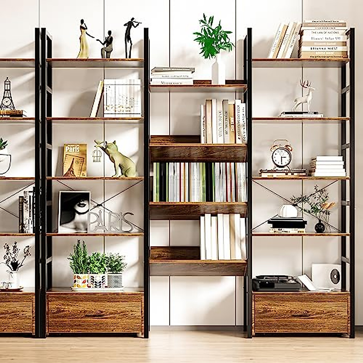 HSSZXFR Triple Wide Bookshelf 5-Tier with 2 Drawers, Industrial Bookshelves Sturdy Wood and Metal, Bookcase Spacious for Display and Storage, Large Display Rack for Home Office