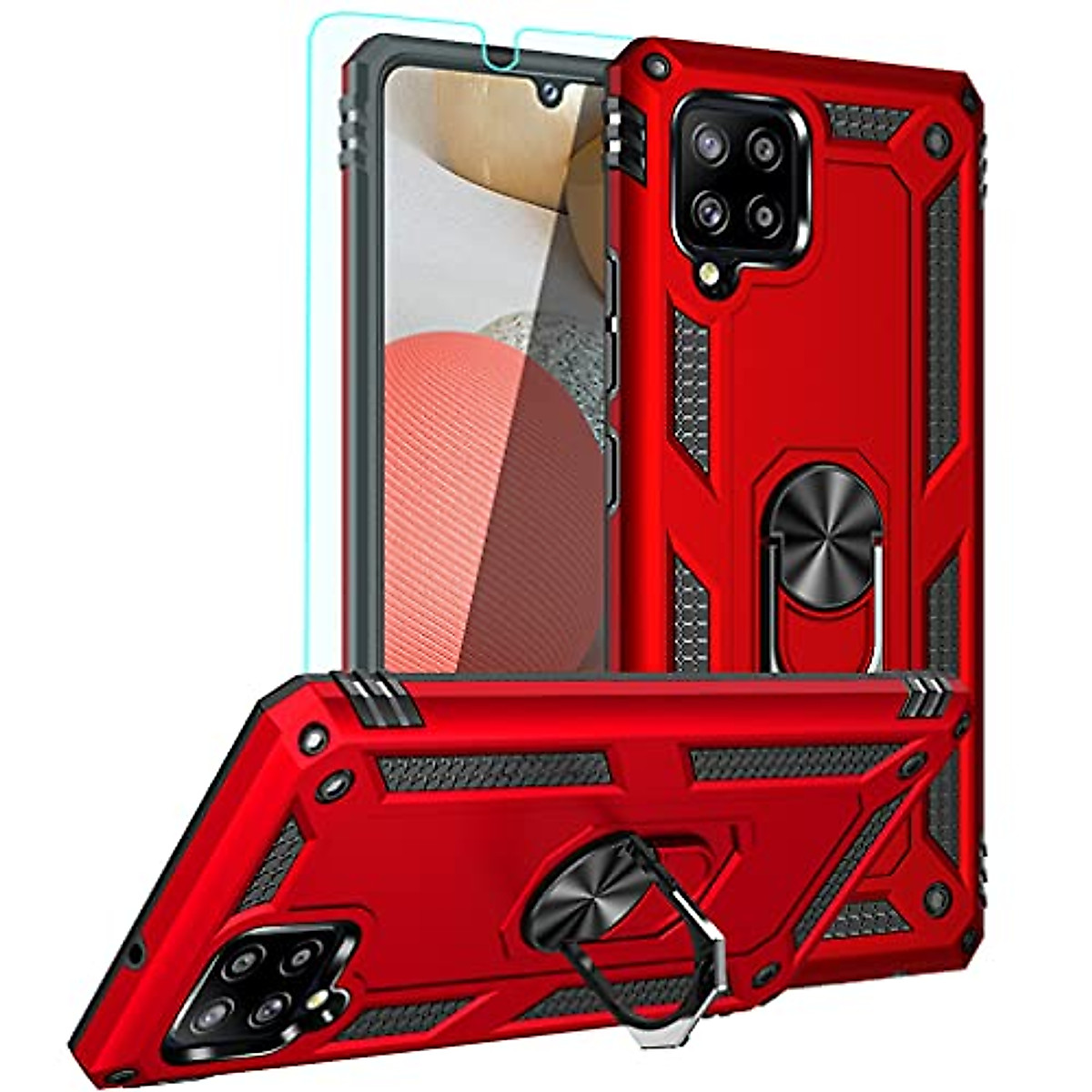 YZOK for Galaxy A42 5G Case,Samsung A42 5G Case,with HD Screen Protector,[Military Grade] Ring Car Mount Kickstand Hybrid Hard PC Soft TPU Shockproof Protective Case for Samsung Galaxy A42 5G (Red)